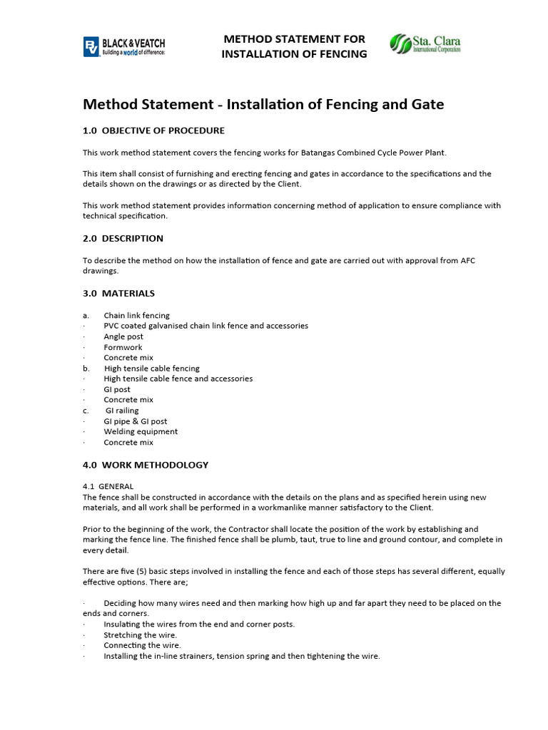 Fencing Installation Method Statement | PDF | Personal Protective ...