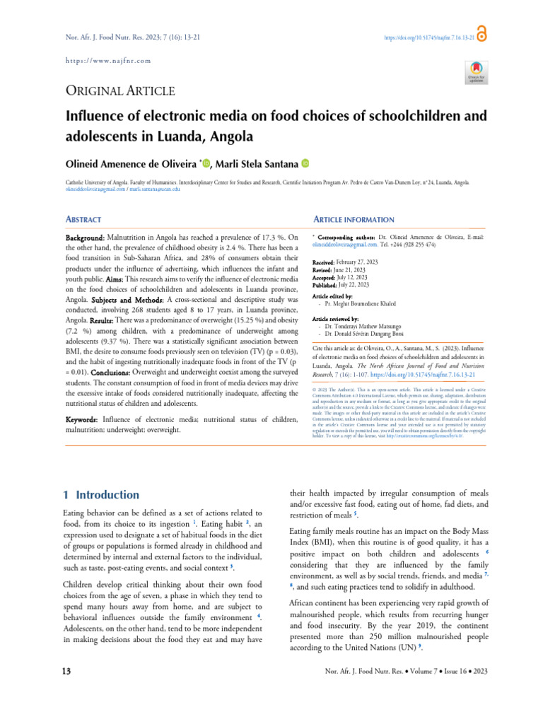 Influence of Electronic Media On Food Choices of Schoolchildren and ...