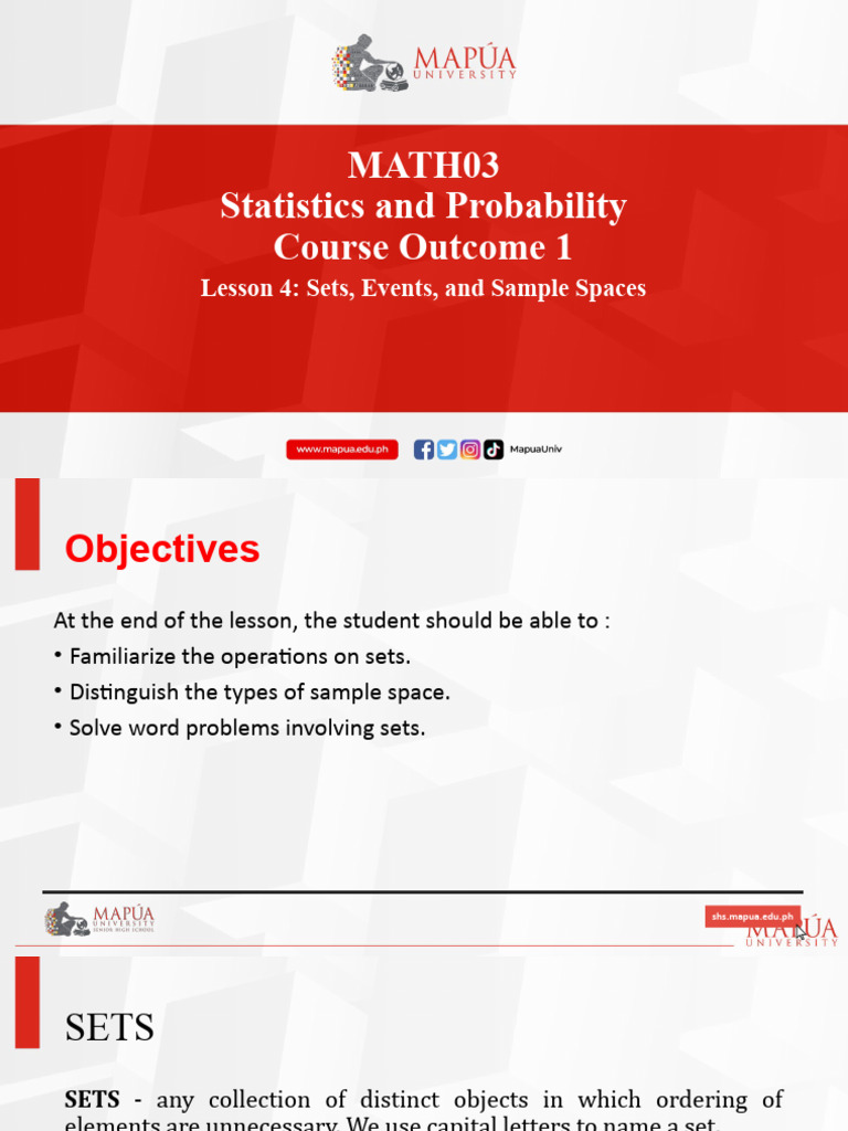 CO1-L4 - Sets, Events, and Sample Spaces | PDF | Set (Mathematics) | Mathematical Objects