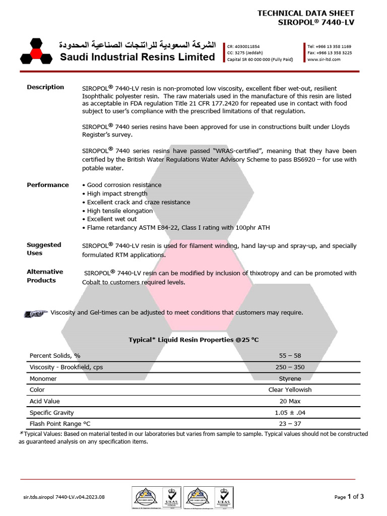 Sir - Tds .Siropol 7440 LV. No3 | PDF | Fiberglass | Materials Science