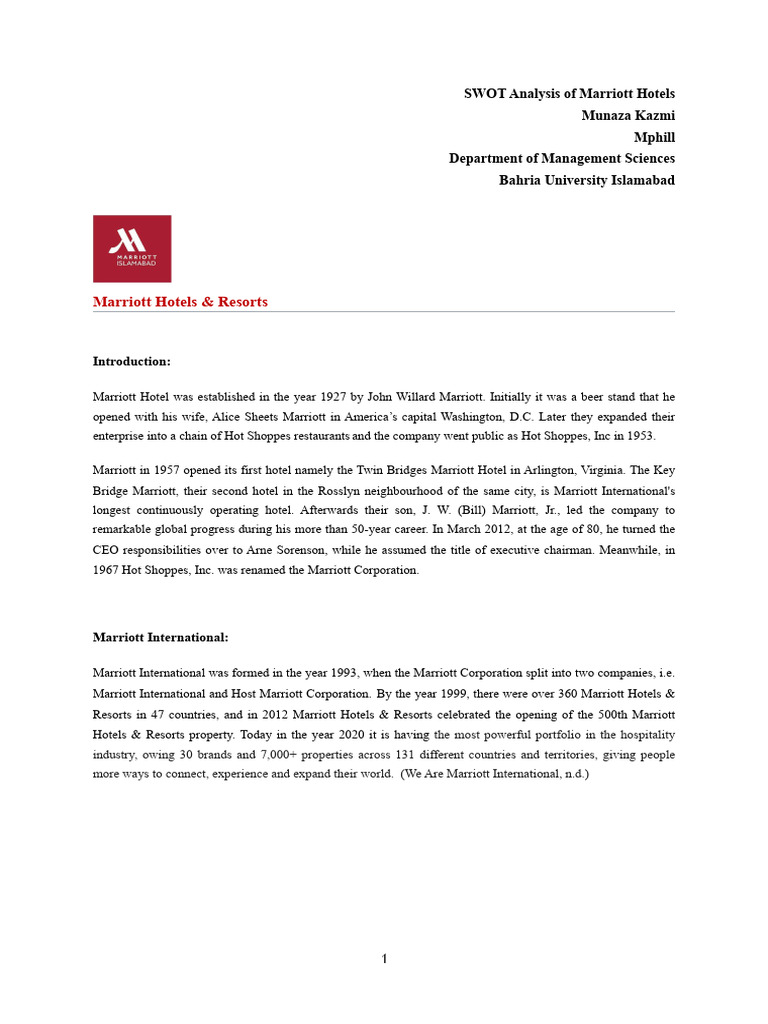 SWOT Analysis of Marriott Hotels and Res | PDF | Marriott International ...