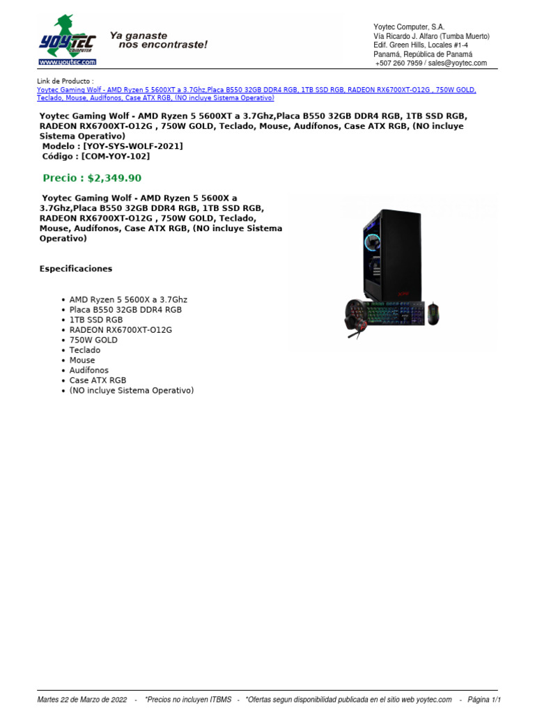 Yoytec Gaming Wolf Ryzen 5 PC Specs | PDF | Introducciones de productos | Arquitectura X86