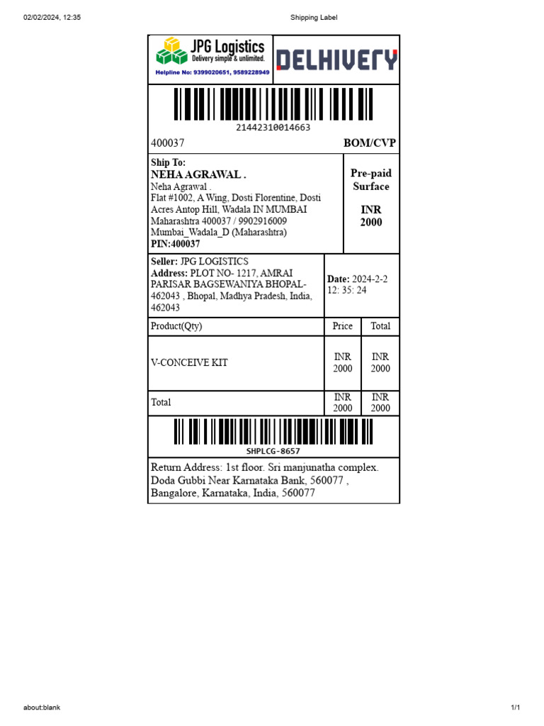 Shipping Label for V-Conceive Kit | PDF