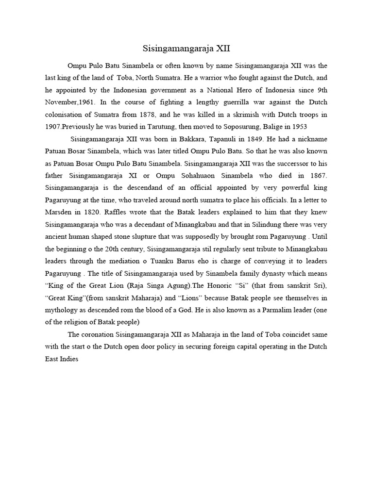 Sisingamangaraja XII: Last King of Toba | PDF
