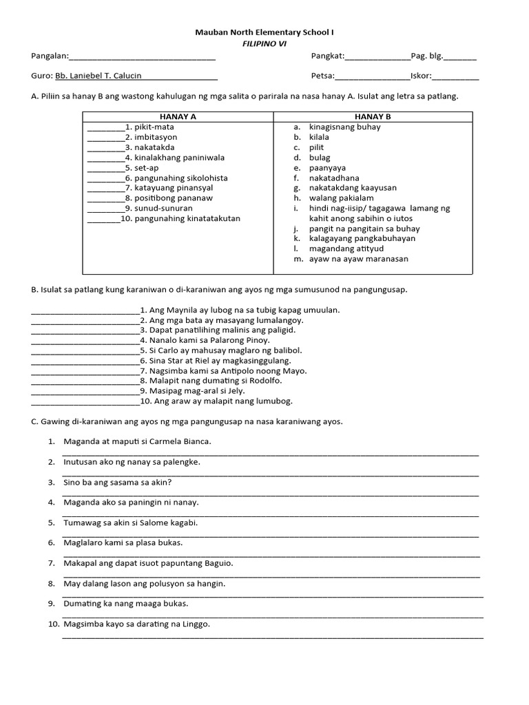 Act. 3 Karaniwan at Di-Karaniwang Ayos... | PDF