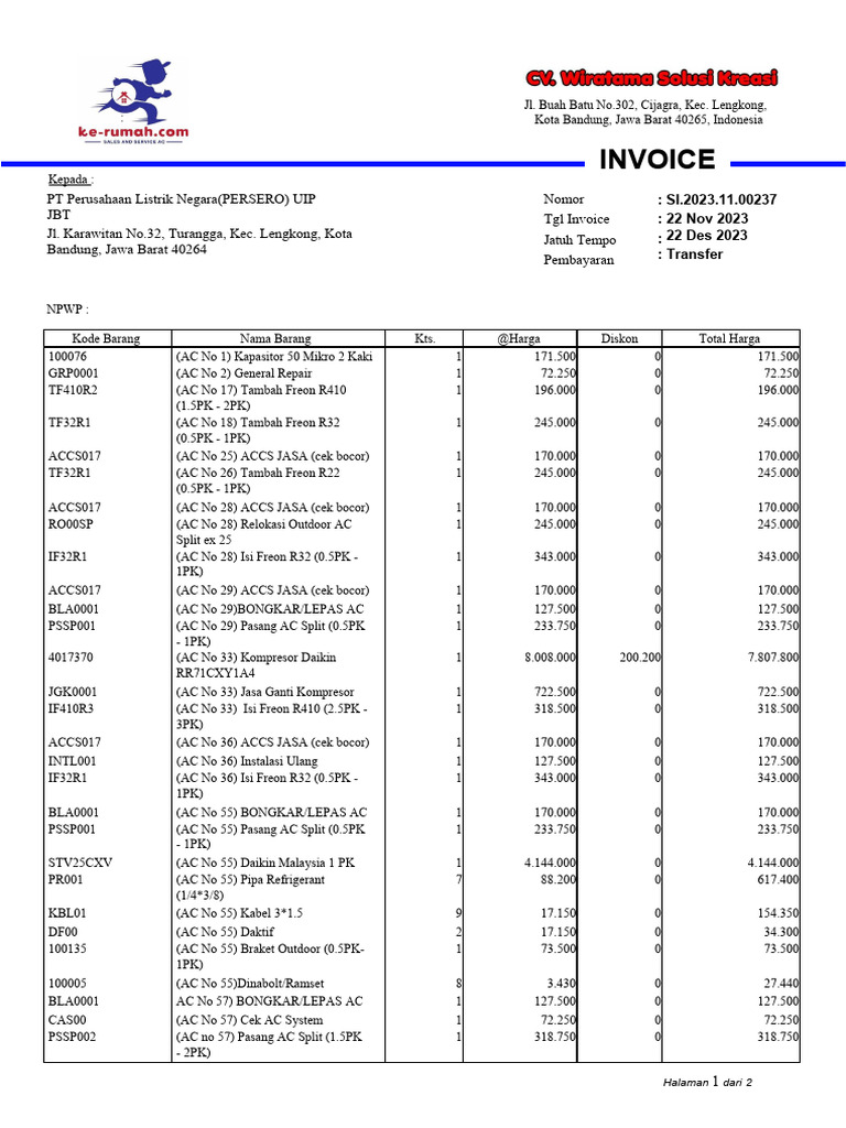 Invoice Penggantian Sparepart | PDF