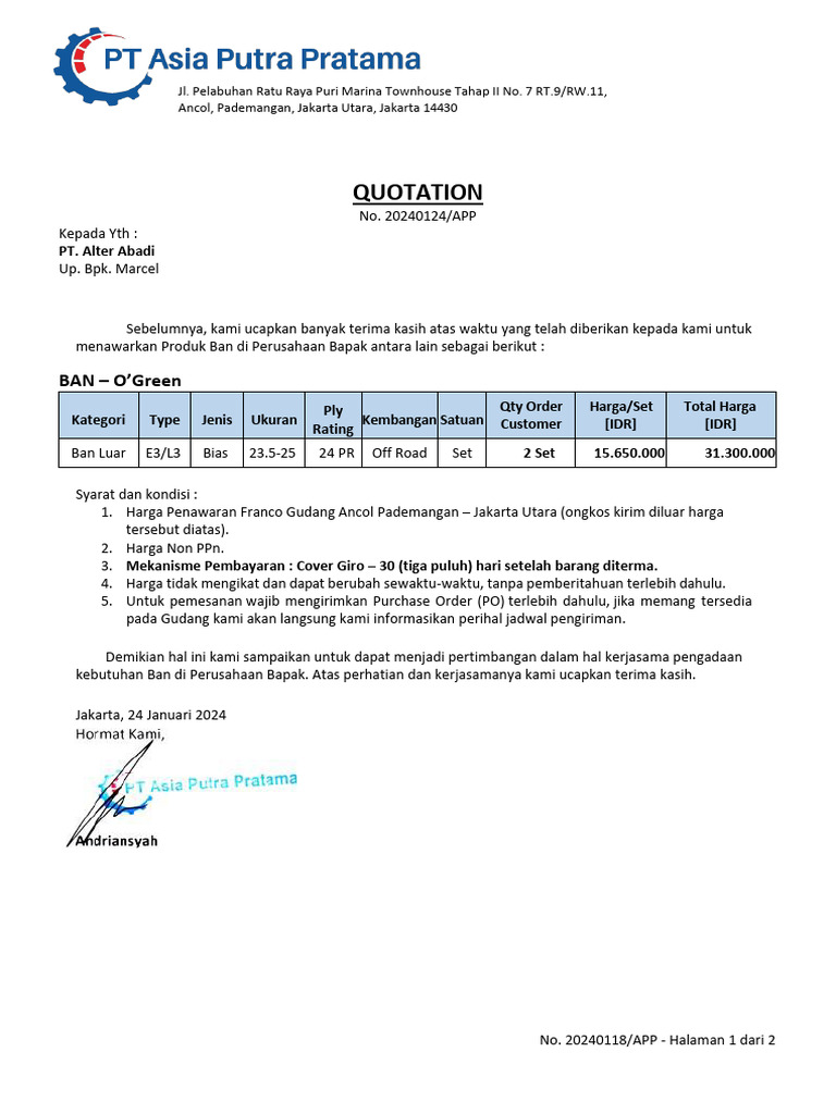 Surat Penawaran Ban - APP | PDF