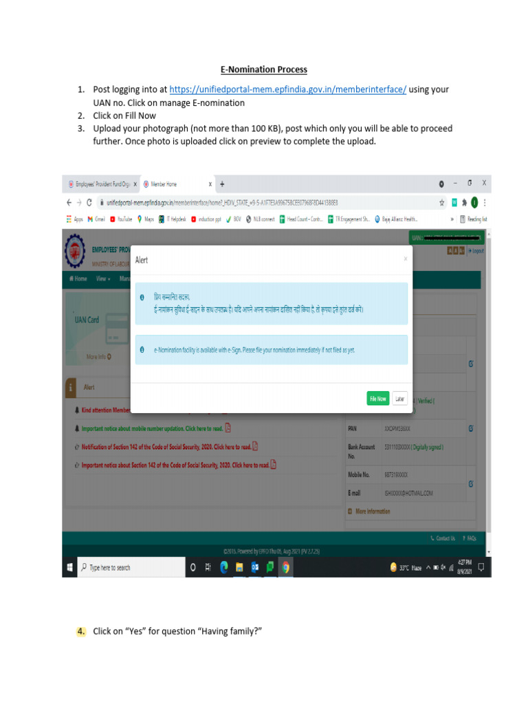 EPFO E-Nomination Step-by-Step Guide | PDF