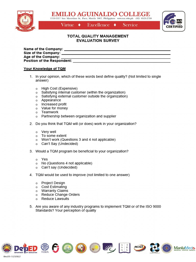 TQM Evaluation Survey Final Output | PDF | Quality Management | Economies