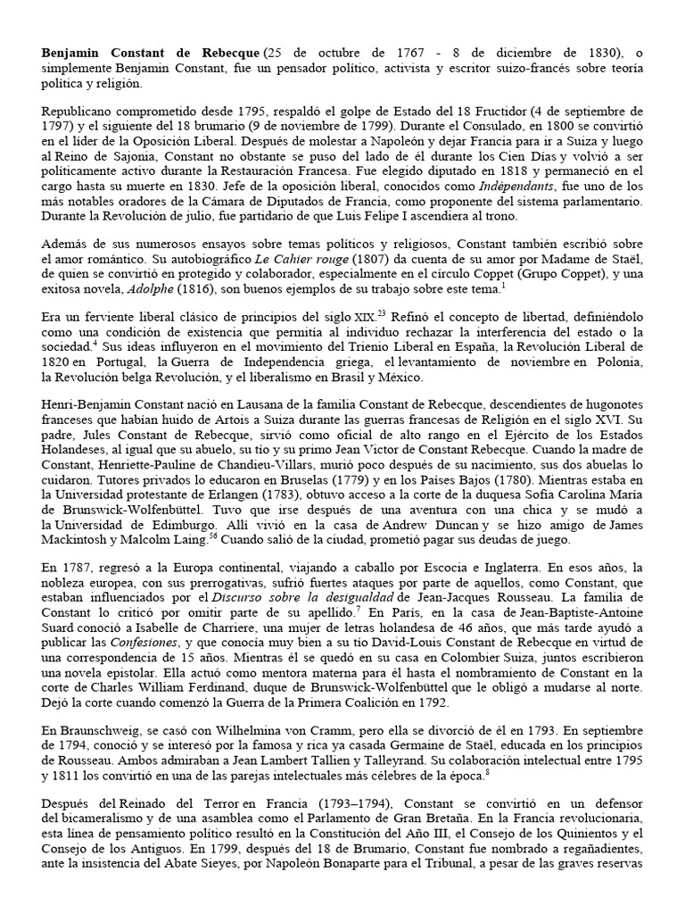 Biografía de Benjamin Constant | PDF | Historia | Clásicos
