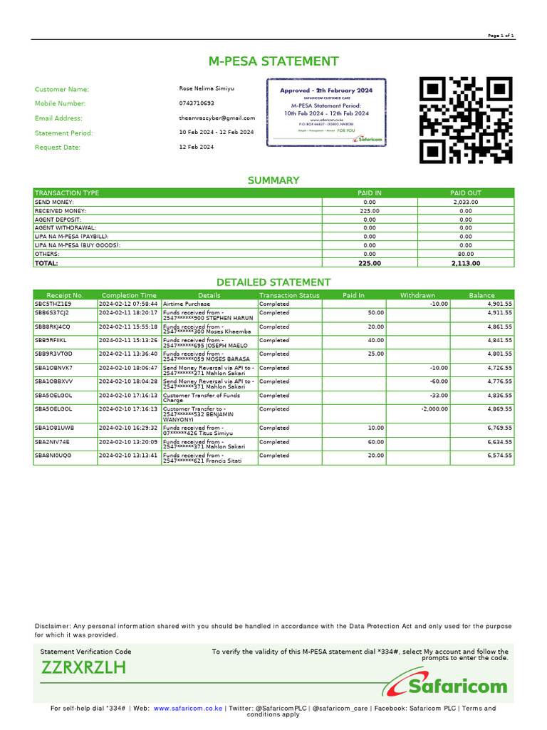ZZRXRZLH: M-Pesa Statement | PDF | Service Industries | Computing