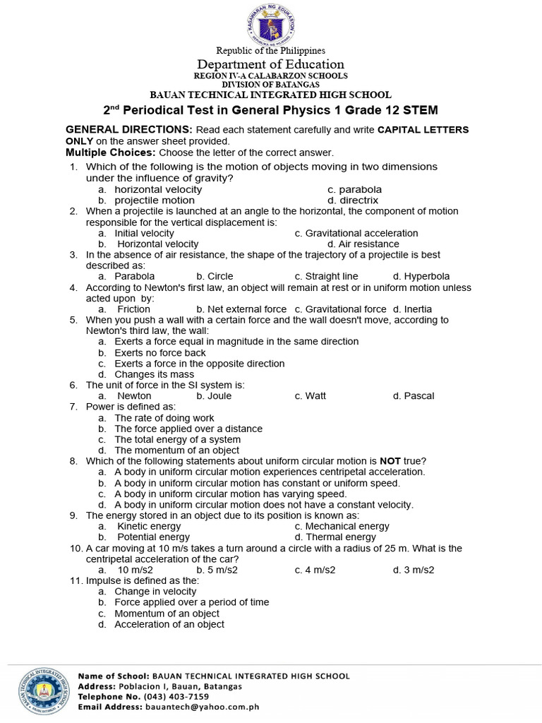 Department of Education: 2 Periodical Test in General Physics 1 Grade ...