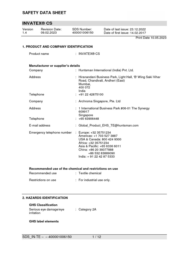Invatex CS MSDS | Download Free PDF | Toxicity | Safety