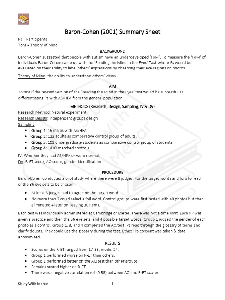 Baron-Cohen (2001) Summary Sheet- Study With Mehar | PDF | Validity (Statistics) | Experiment
