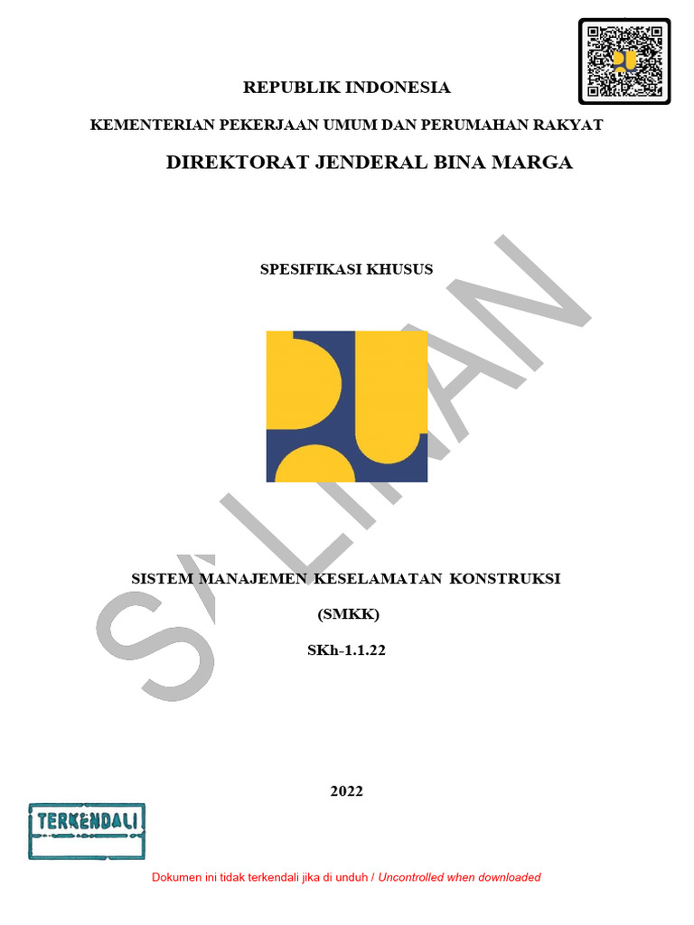 SKH 1122 Spesifikasi Khusus Sistem Manajemen Keselamatan Konstruksi SMKK | PDF