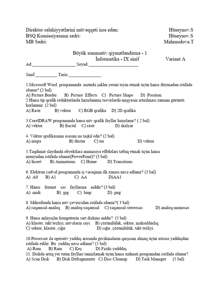 İnformatika IX Sinif Variant A | PDF