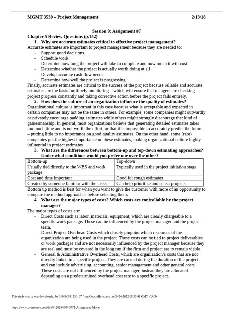 MGMT Assignment 7.Docx | PDF | Project Management | Top Down And Bottom Up Design