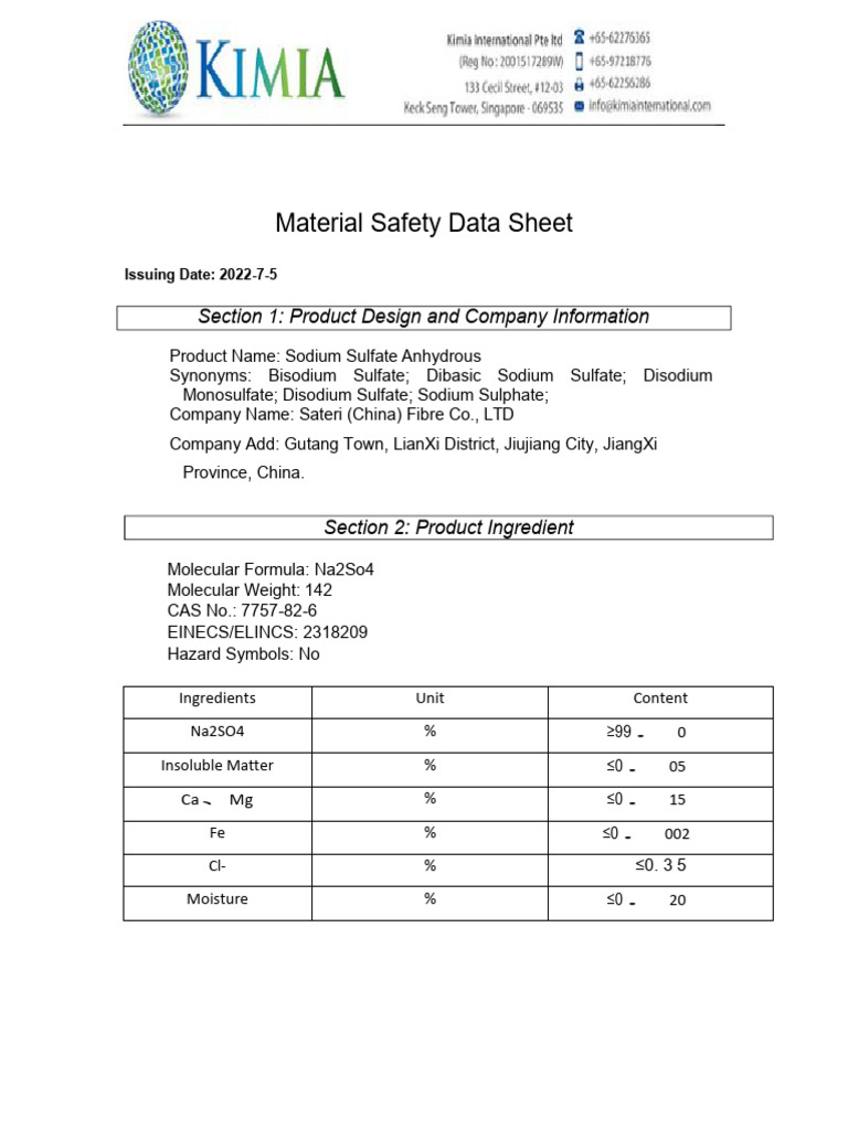 Sodium Sulfate MSDS Overview | PDF | Sodium | Chemistry