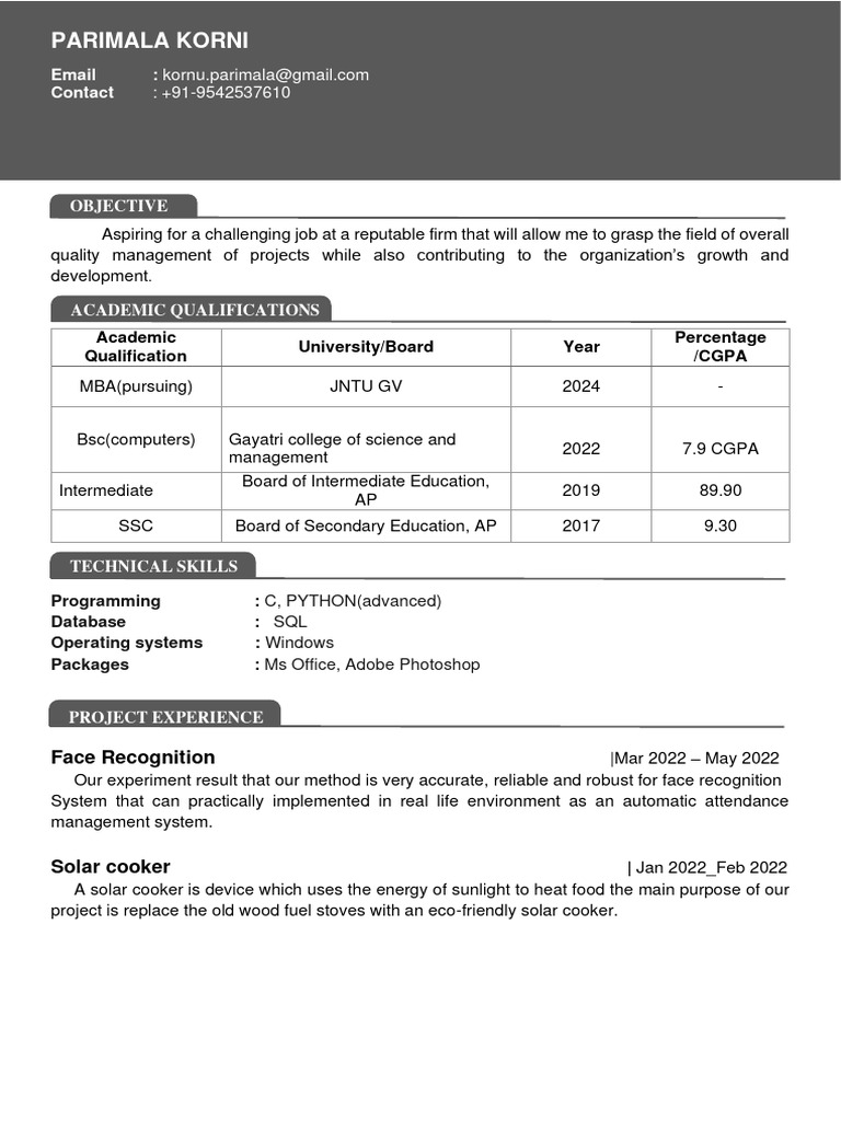 resume parimala | PDF | Computing