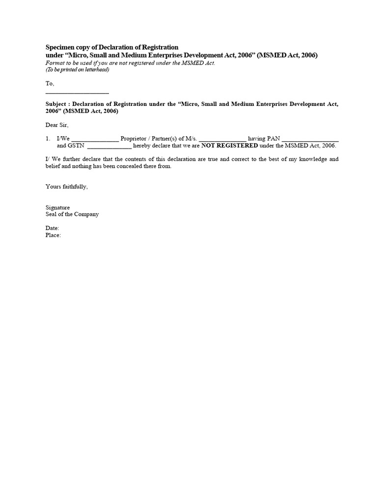 Specimen Copy of Declaration Regarding Registration Under The MSMED Act ...