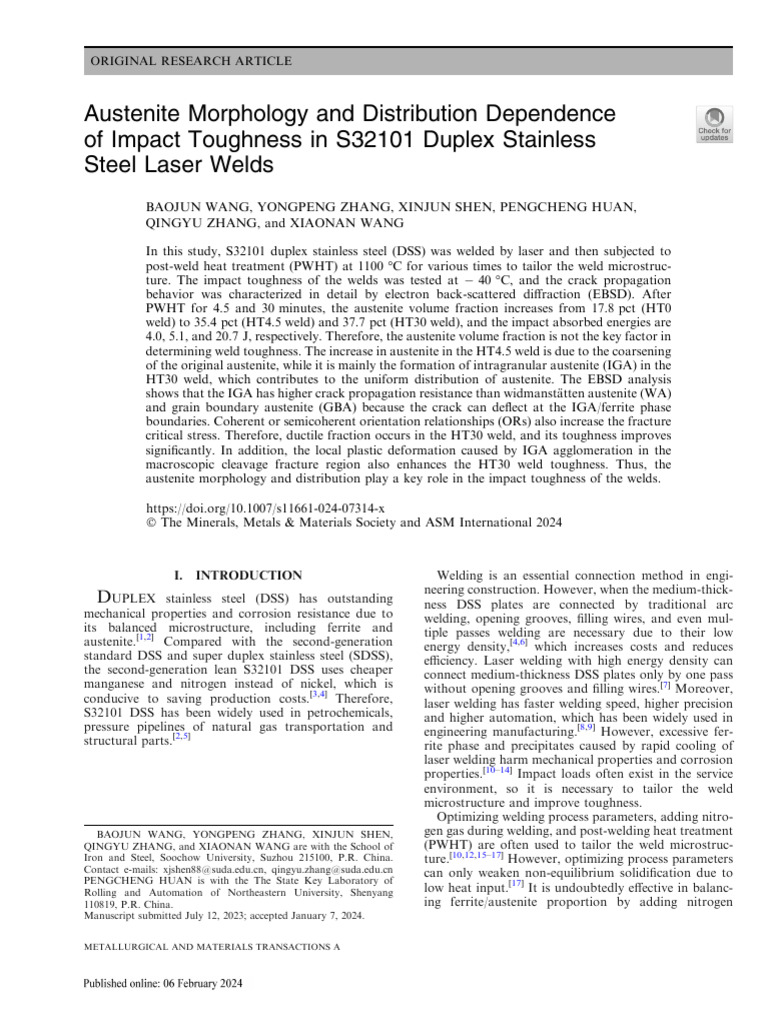 Austenite Morphology and Distribution Dependence of Impact Toughness in S32101 Duplex Stainless ...