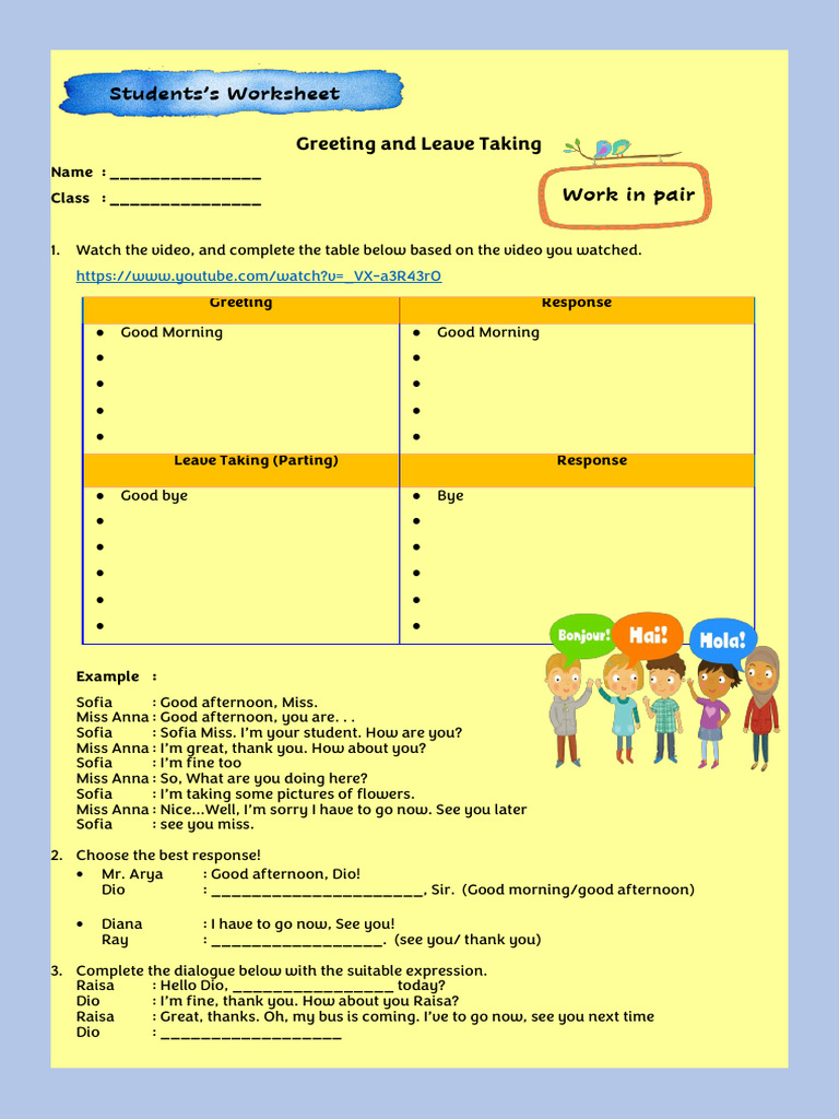 Greeting and Leave Taking Worksheet | PDF