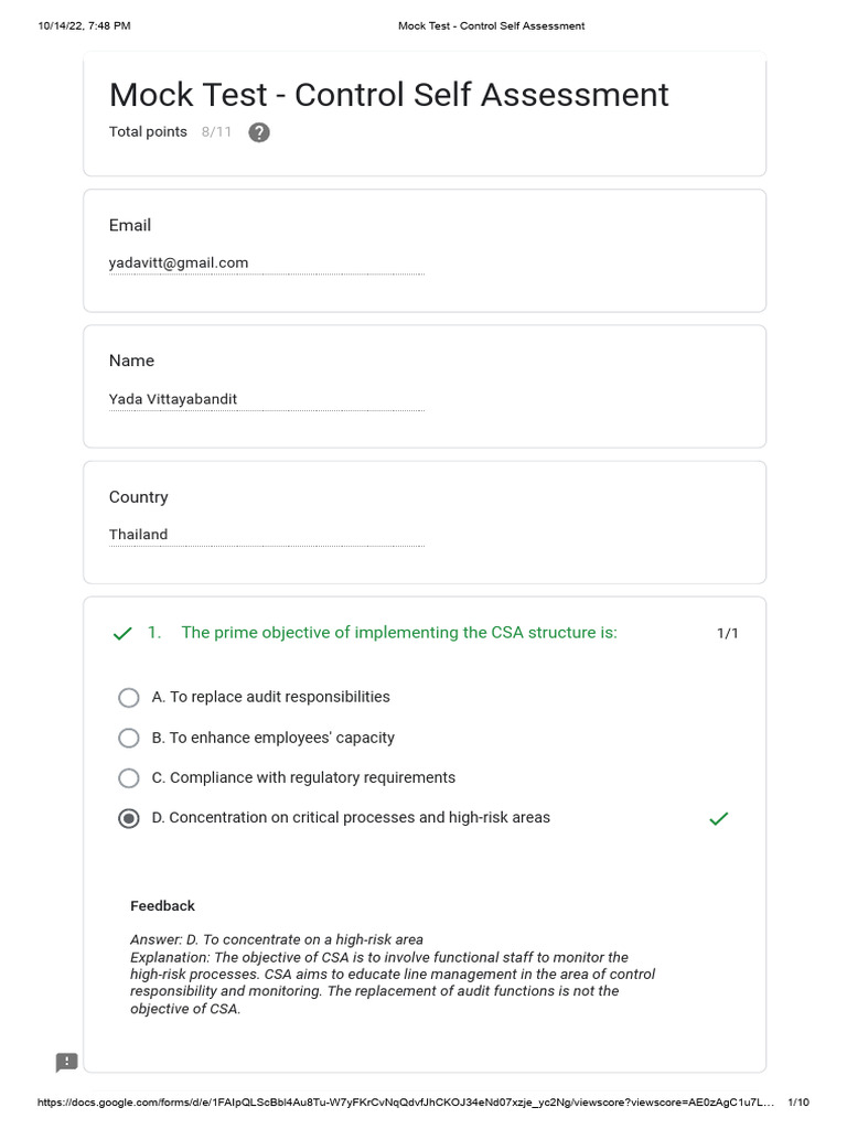 CSA Mock Test for Audit Professionals | PDF | Audit | Risk