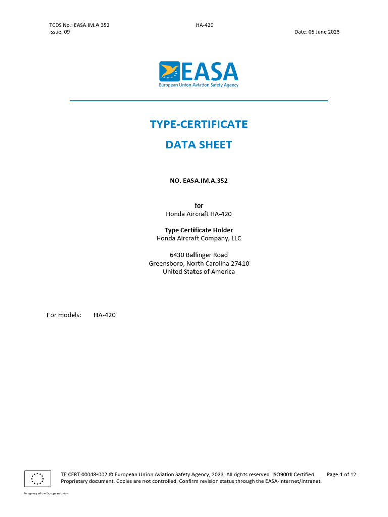 EASA Type Certificate HA-420 Overview | PDF | Transport | Aviation