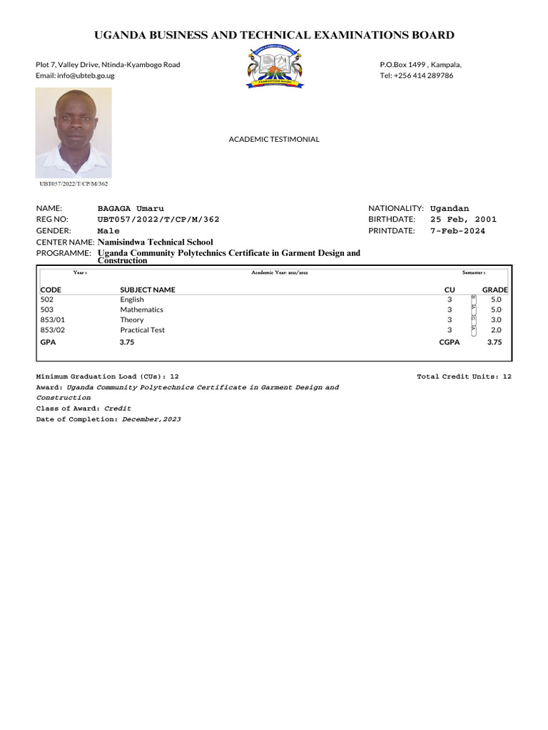 UBTEB Academic Testimonial for Umaru Bagaga | PDF | Student Assessment ...