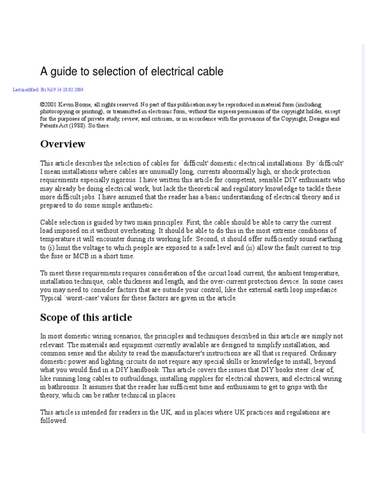 A Guide To Selection of Electrical Cable | PDF | Fuse (Electrical) | Ac ...