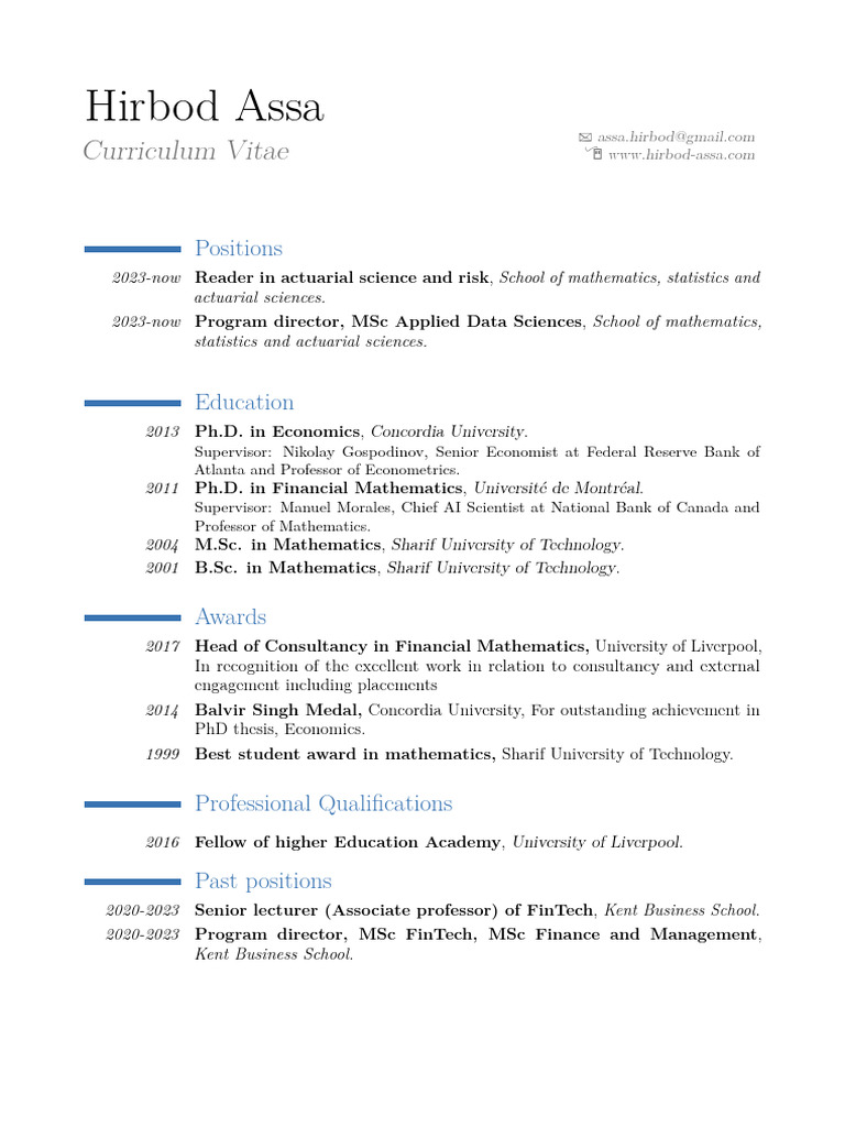 Hirbod Assa: Curriculum Vitae | PDF | Insurance | Actuarial Science