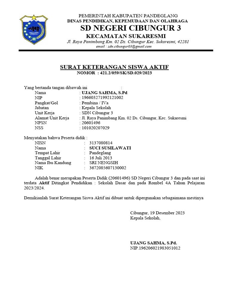 Surat Keterangan Siswa Aktif | PDF