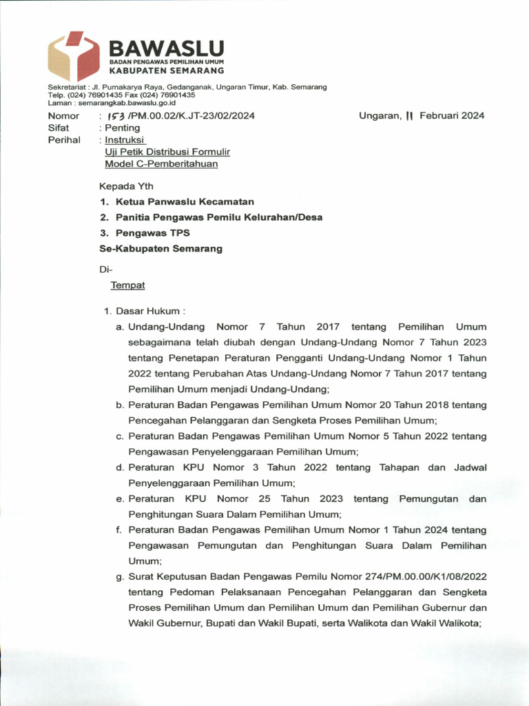 Intruksi Uji Petik Distribusi Form C-Pemberitahuan | PDF