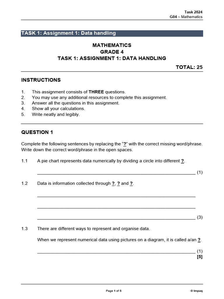 Mathematics Grade 4 Task 1: Assignment 1: Data Handling TOTAL: 25 Instructions | PDF