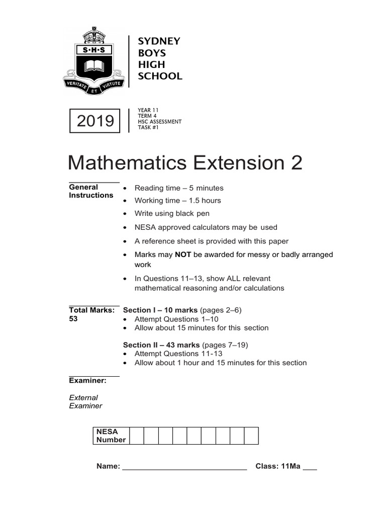 Sbhs 2019 Me 2 HSC Task 1 | PDF | Multiple Choice | Complex Number