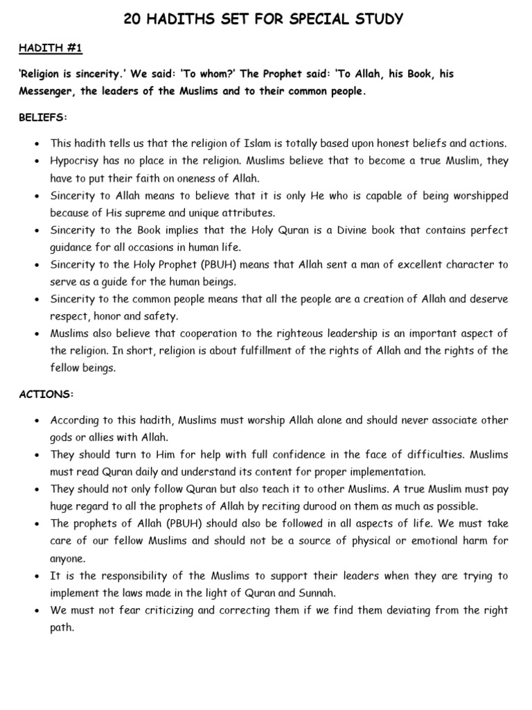 Hadiths 1 to 20 | PDF | Hadith | Quran