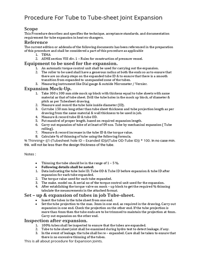 Tube Expansion Procedure for Heat Exchangers | PDF | Pipe (Fluid ...