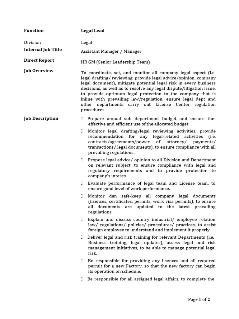 JD - Legal Lead 2 | PDF | Regulatory Compliance | Regulation