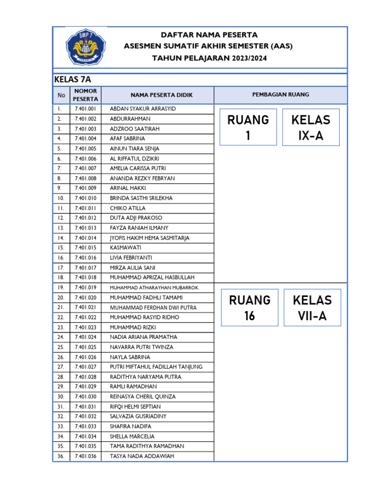 (Kelas 7) Pembagian Ruang. | PDF