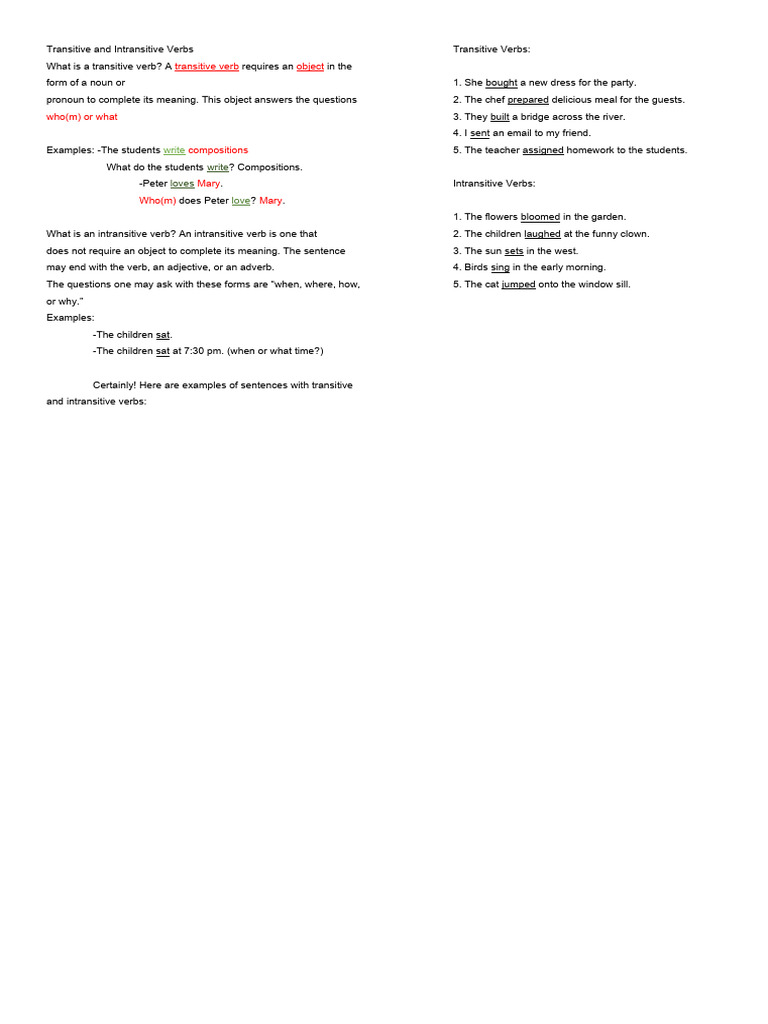 Transitive and Intransitive Verbs Lesson Plan | PDF