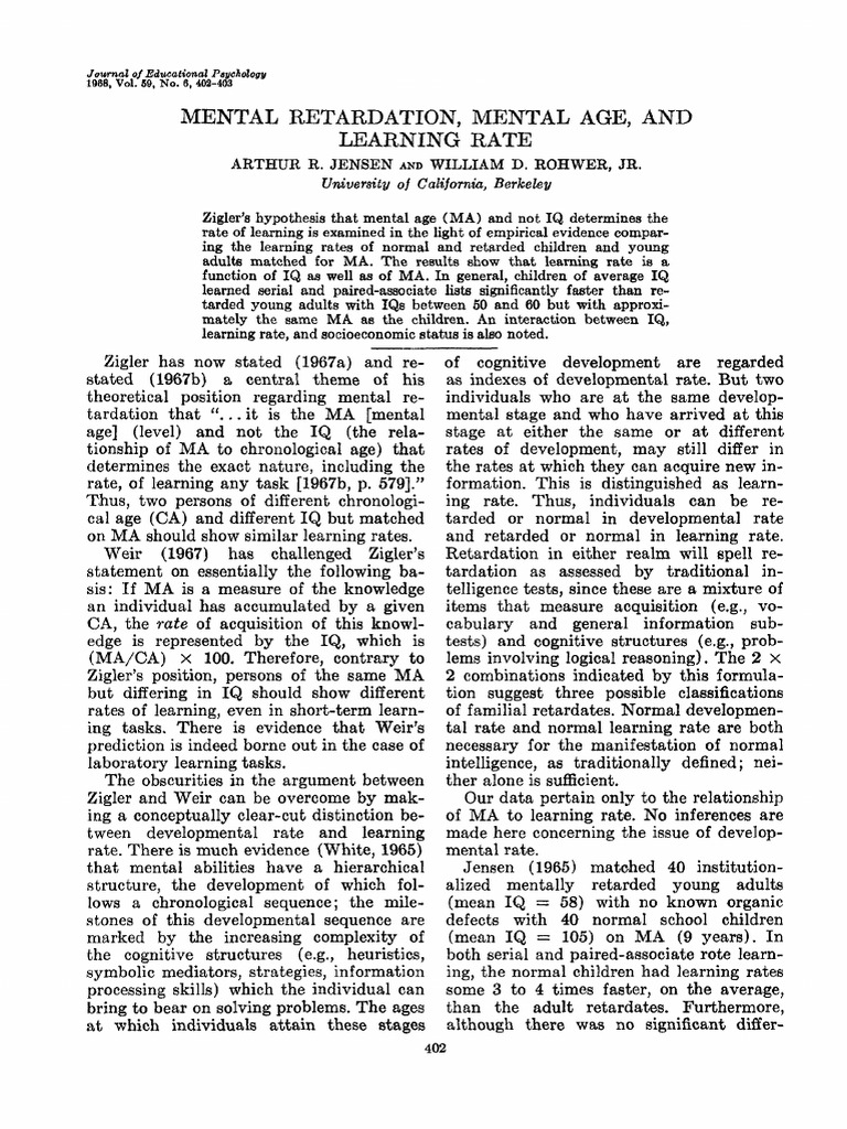 Mental Retardation Mental Age and Learning Rate 1968 by Arthur Robert ...