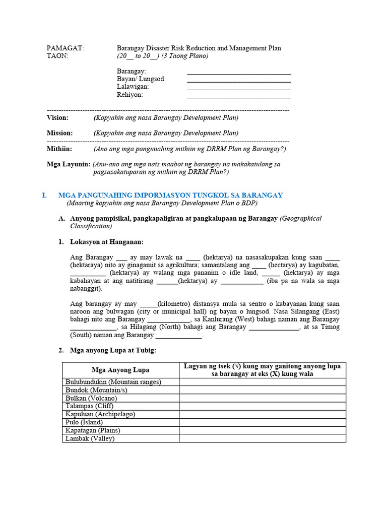 BDRRM-Plan-Template-Filipino-WS | PDF