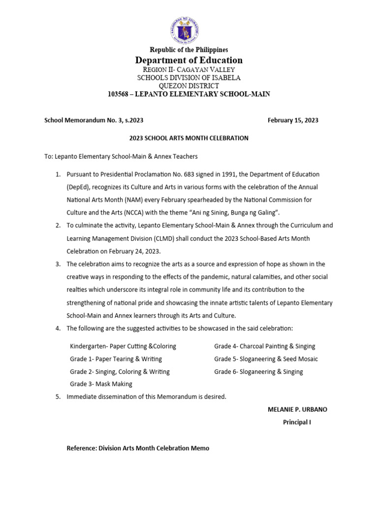 Arts Month Celebration Memo | PDF | Philippines Arts Month Celebration Memo | PDF | Philippines