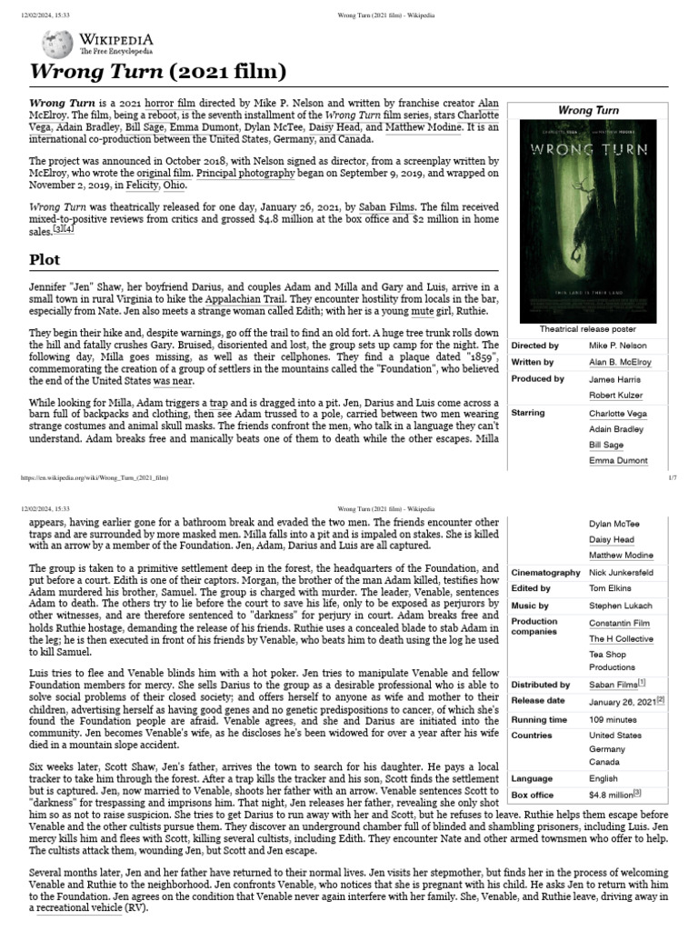 Wrong Turn (2021 Film) - Wikipedia | PDF