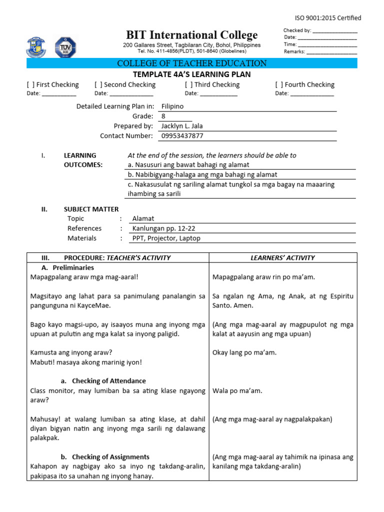 Alamat Lesson Plan - Jala - 054507 | PDF