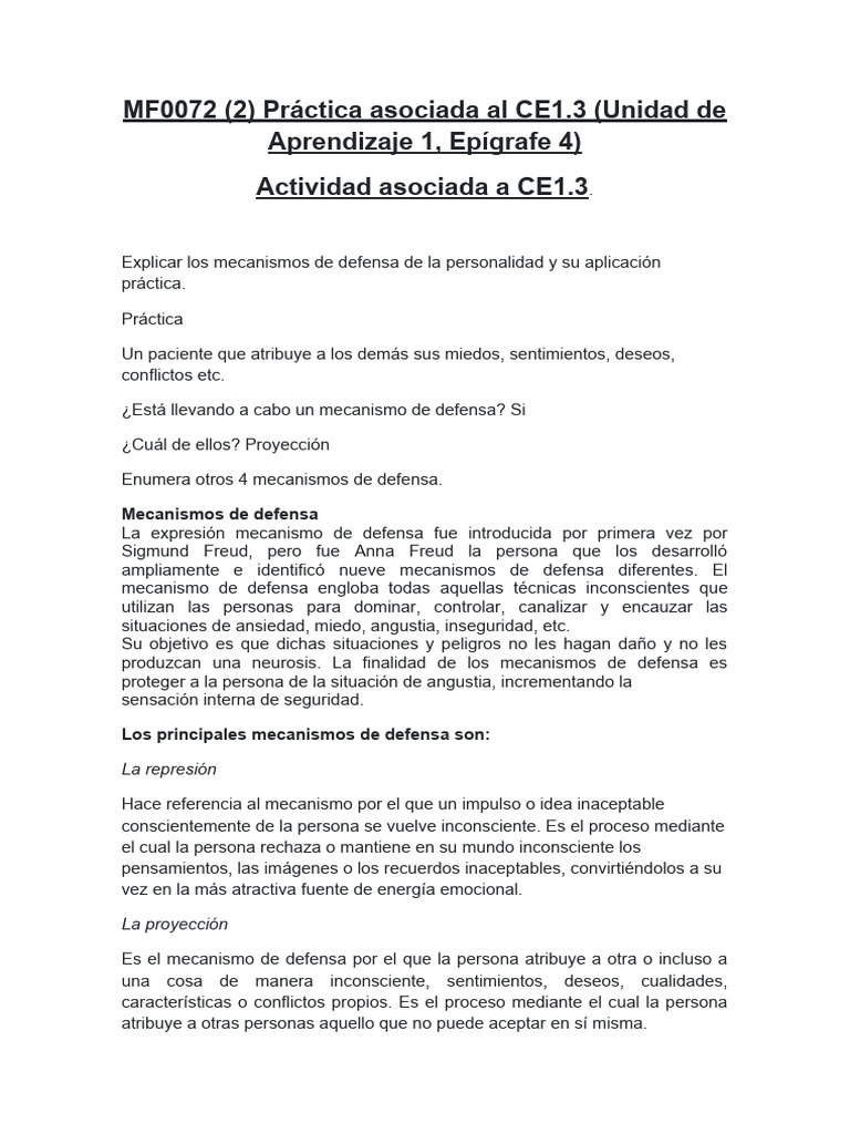 MF0072 (2) Práctica Asociada Al CE1.3 (Unidad de Aprendizaje 1, Epígrafe 4) | PDF | Mente ...