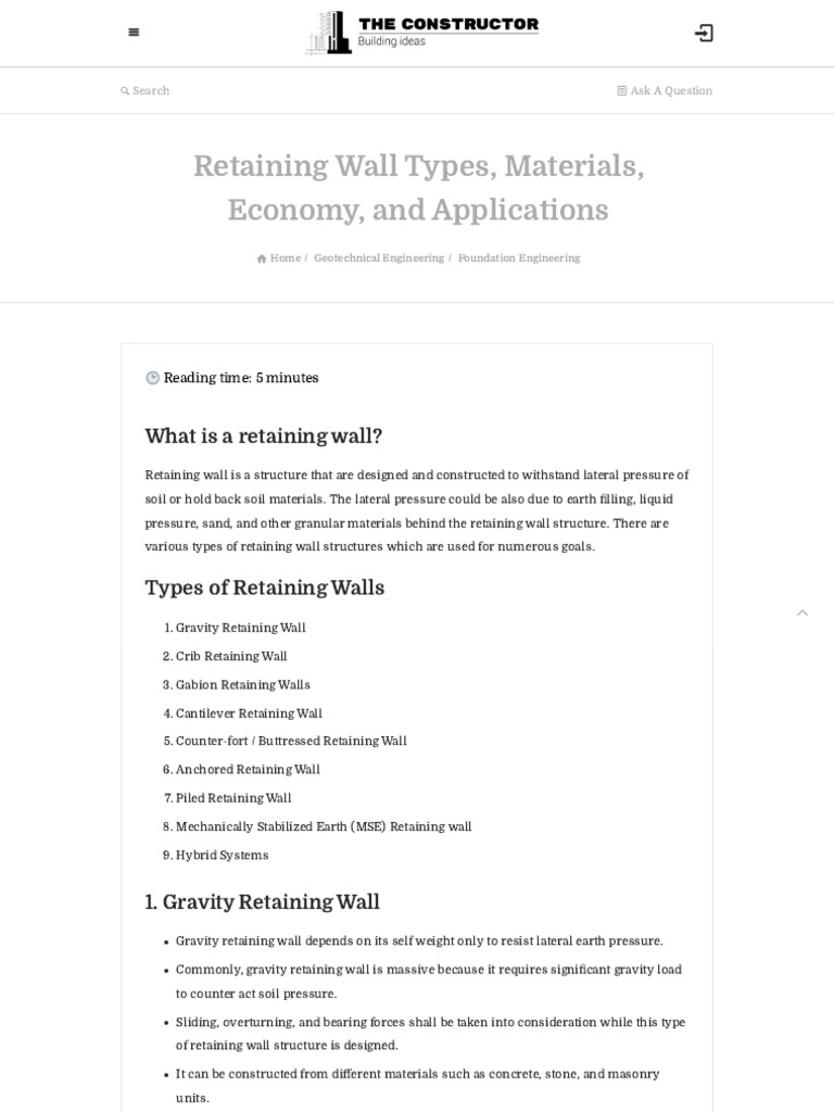Retaining Wall Types, Materials, Economy, and Applications | PDF | Deep Foundation | Building ...