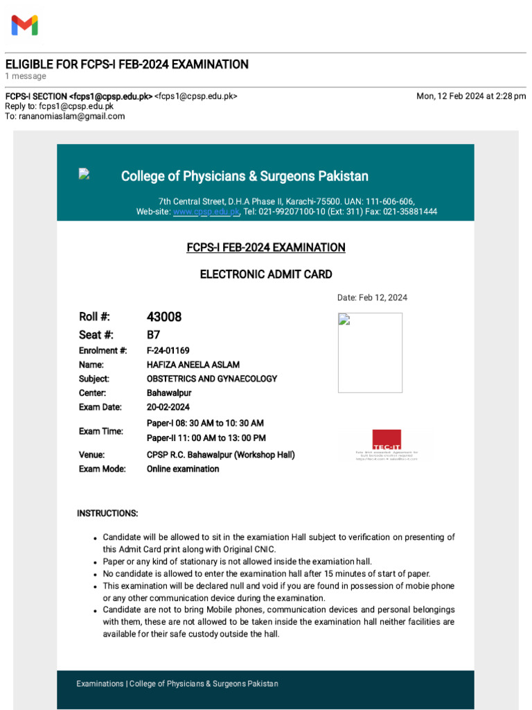 Gmail - ELIGIBLE FOR FCPS-I FEB-2024 EXAMINATION | PDF