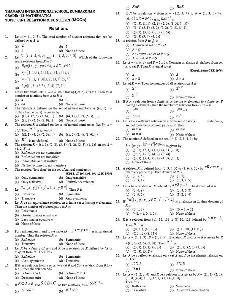 Xii - CH-1 - Relation & Function - MCQS | PDF | Function (Mathematics) | Elementary Mathematics