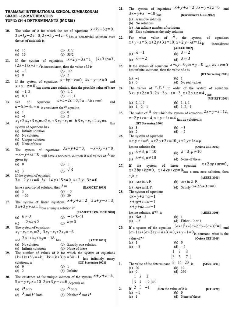 Xii CH-4 Determinants MCQS | PDF | Equations | Mathematics